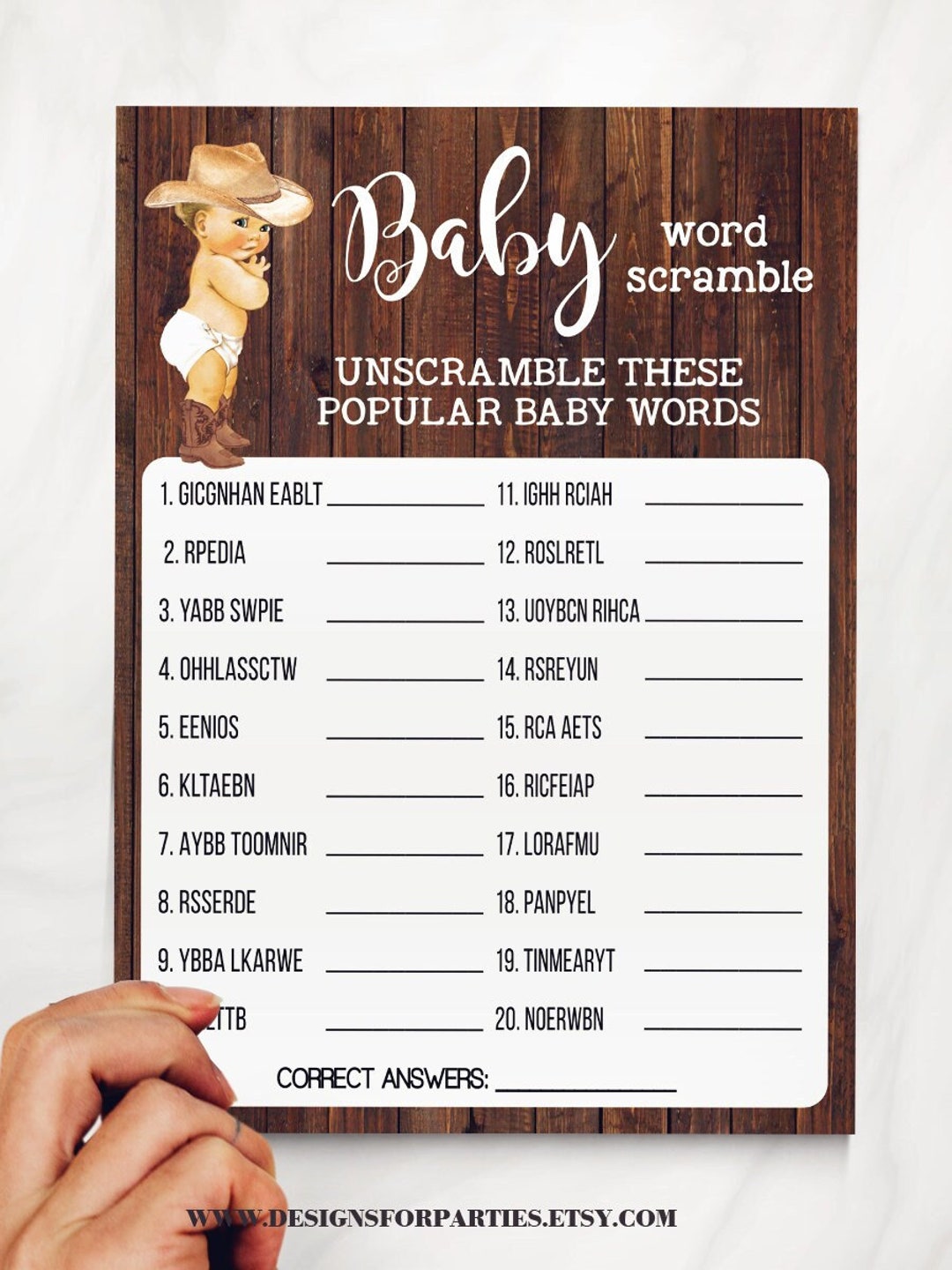 Western Cowboy Baby Shower Word Scramble Game (ready to Print) 05-GB056 ...