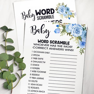 Blue Floral Baby Word Scramble Baby Shower Game Blue Flowers Boho ...