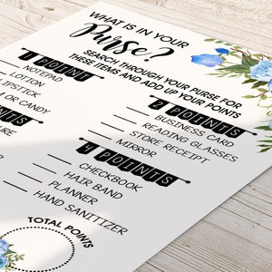 Blue Flowers What is in Your Purse Baby Shower Game Blue Floral Country ...