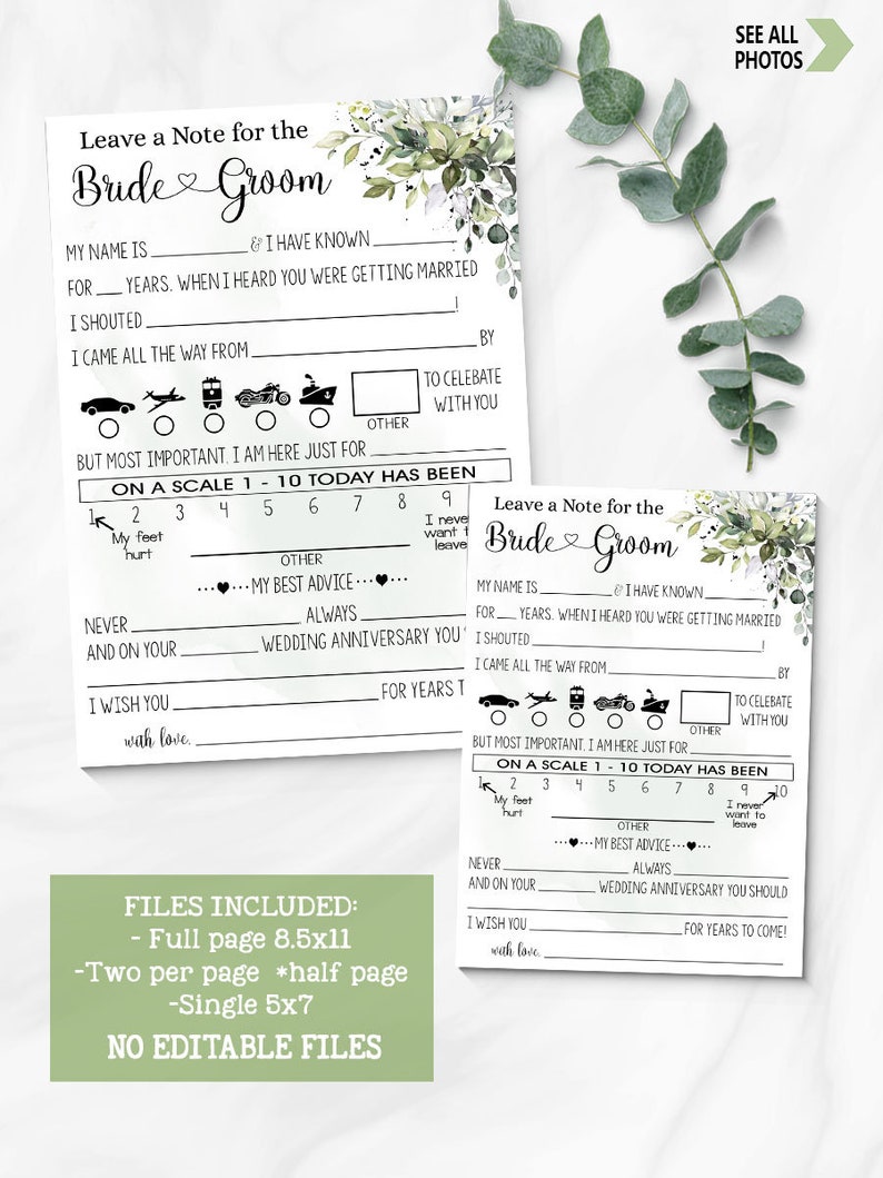 Leave a Note to Bride & Groom Game Wedding Reception Activity Greenery ...