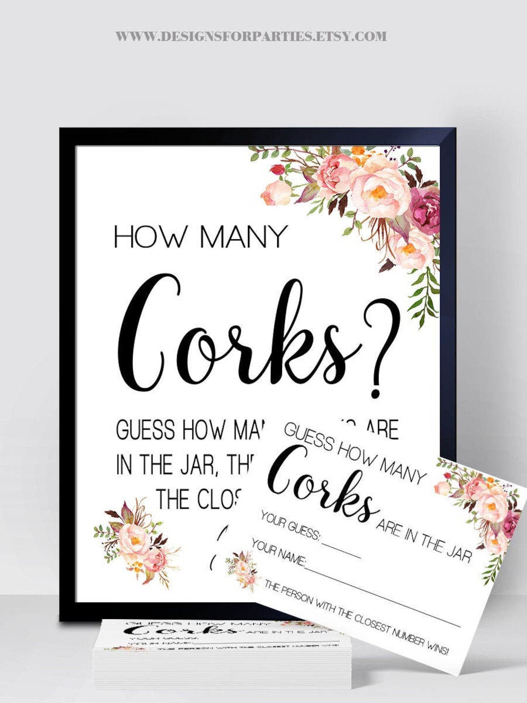 Guess How Many Corks Game Bridal Shower Couples Shower Pink Flowers ...