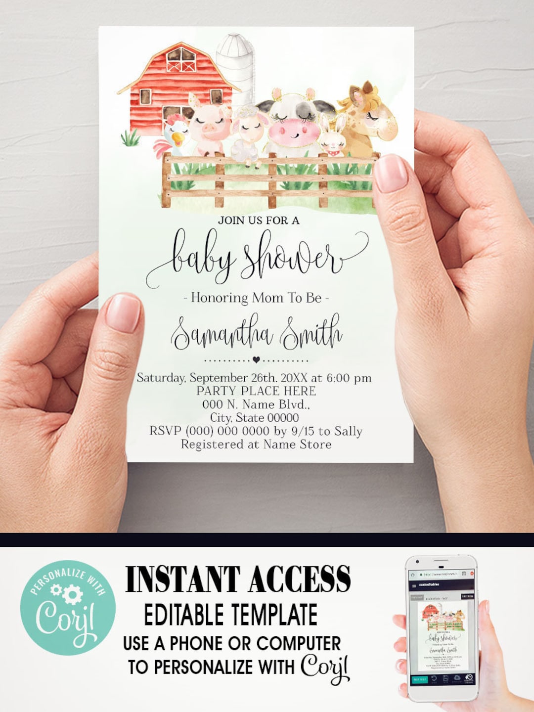 Farm Baby Shower Invitation, Baby Farm Animals, Red Barnyard, Print or ...