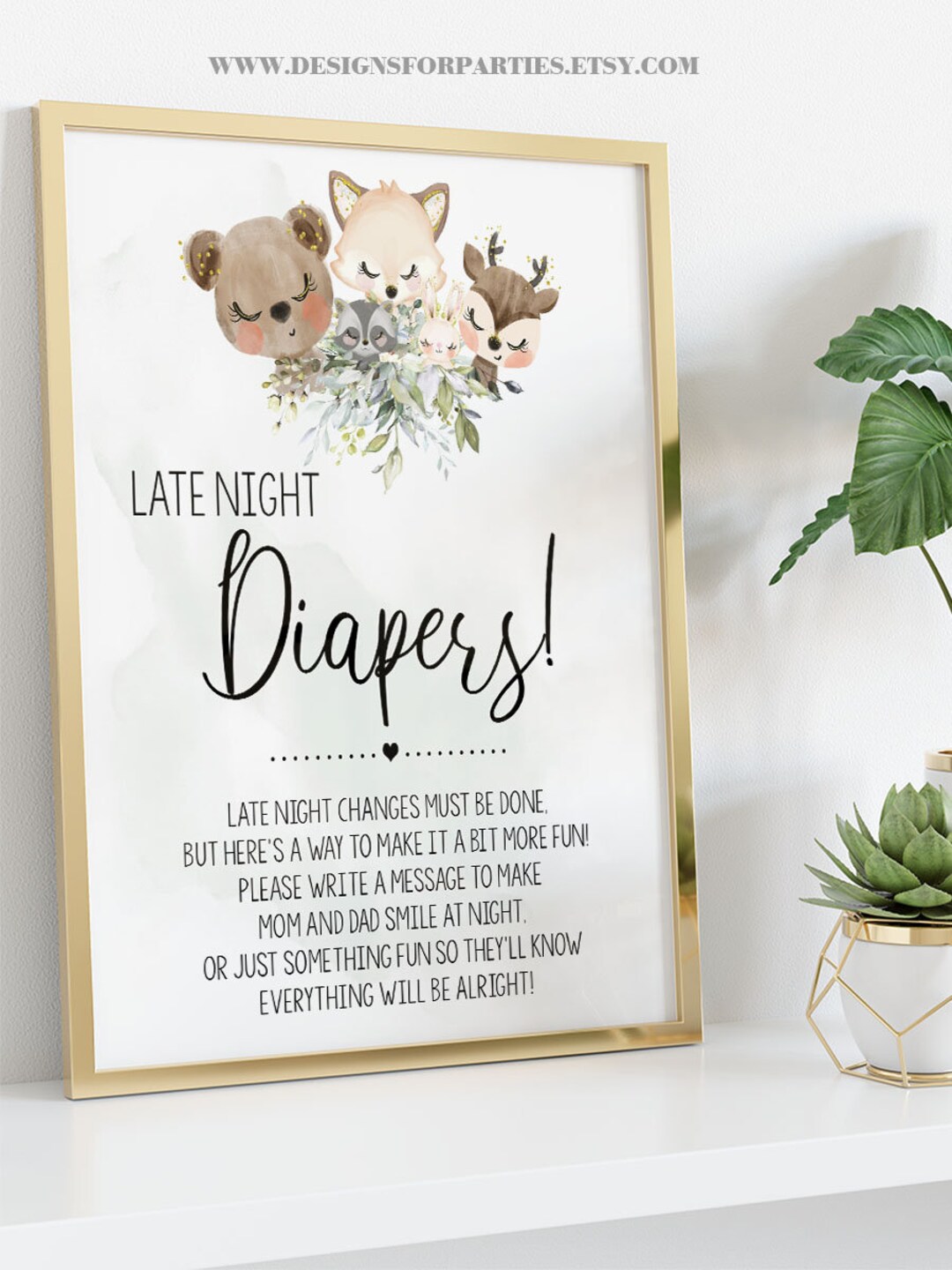 Forest Animals Late Night Diapers Baby Shower Editable Game Greenery ...