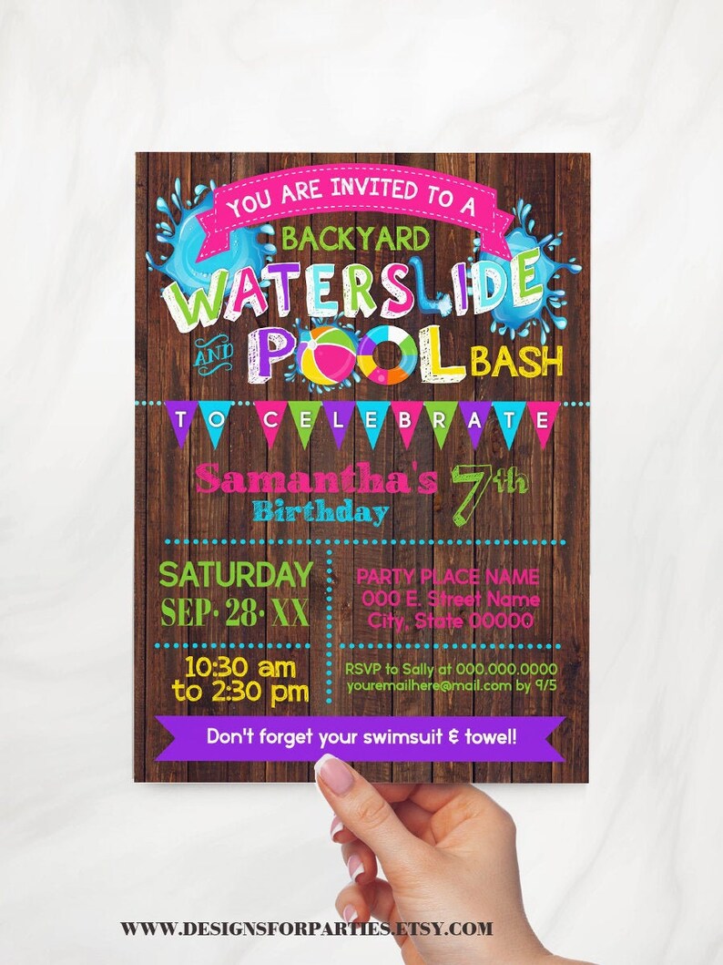 Waterslide and Pool Summer Backyard Bash Invitation Wooden - Etsy