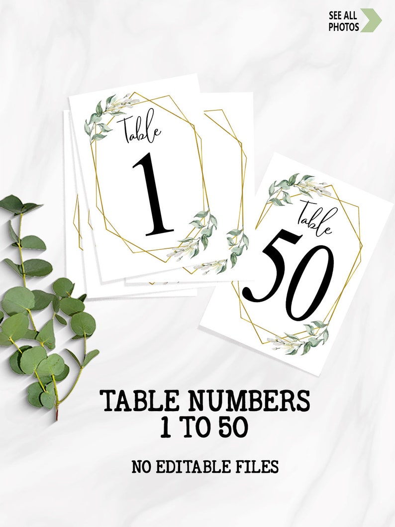 Eucalyptus Gold Table Numbers 1 to 50 Sign Wedding Reception - Etsy