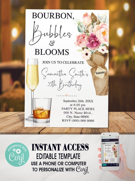 Bourbon Bubbles and Blooms Birthday Party Invitation Pink - Etsy