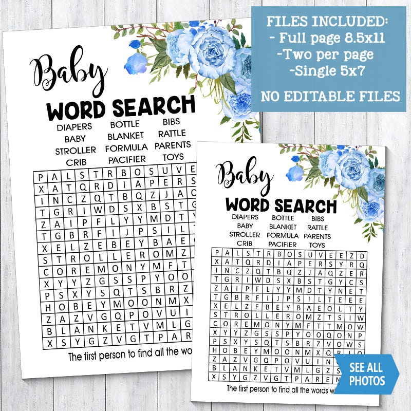 Blue Flowers Baby Word Search Game Baby Shower Game Blue Floral Boho ...