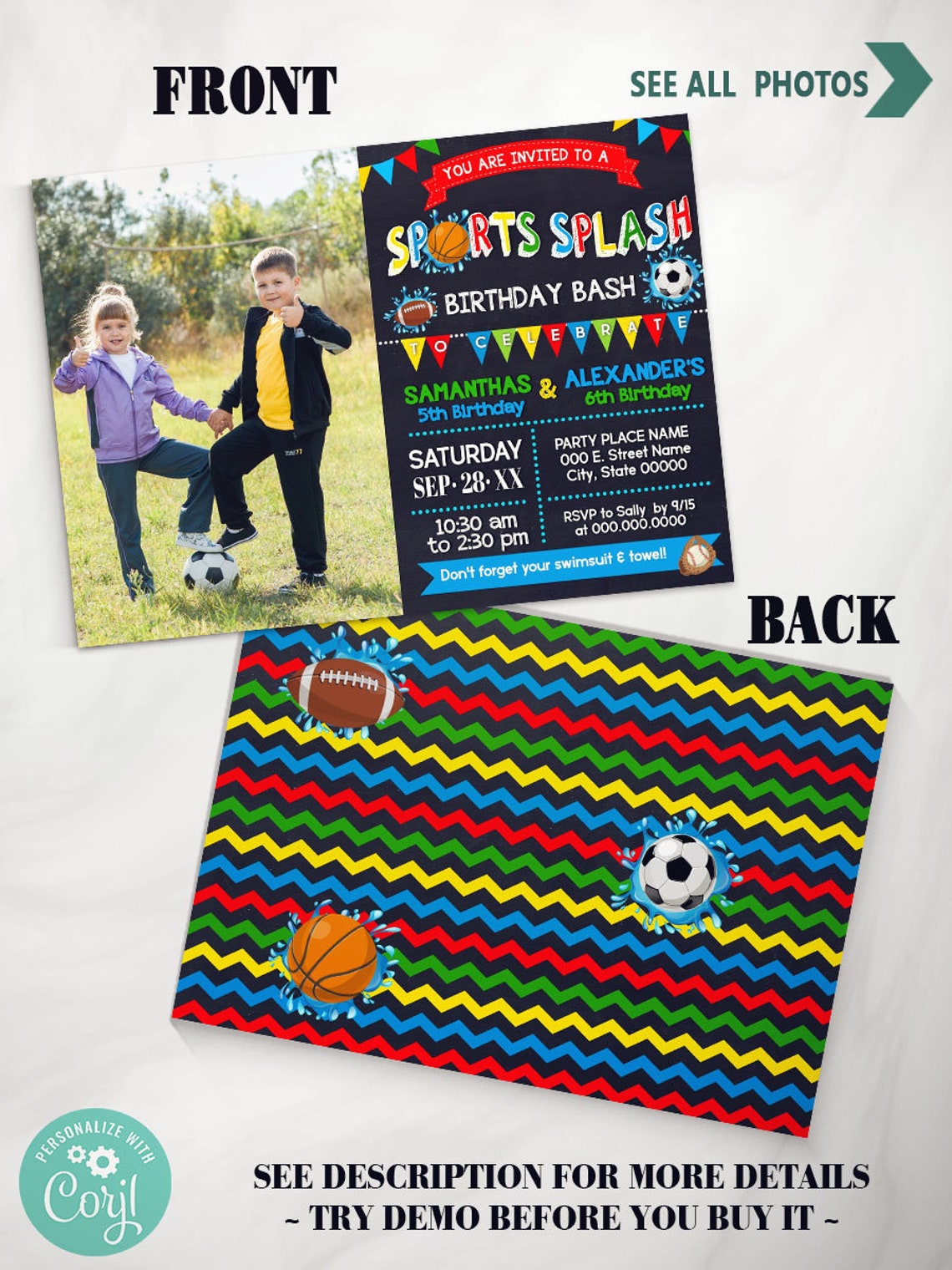 Sports Splash Backyard Water Bash Birthday Invitation Combined | Etsy