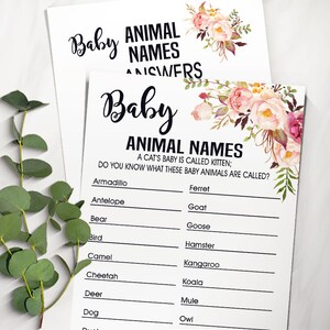 Pink Flowers Guess Baby Animals Name Baby Shower Game Pink Floral Boho ...