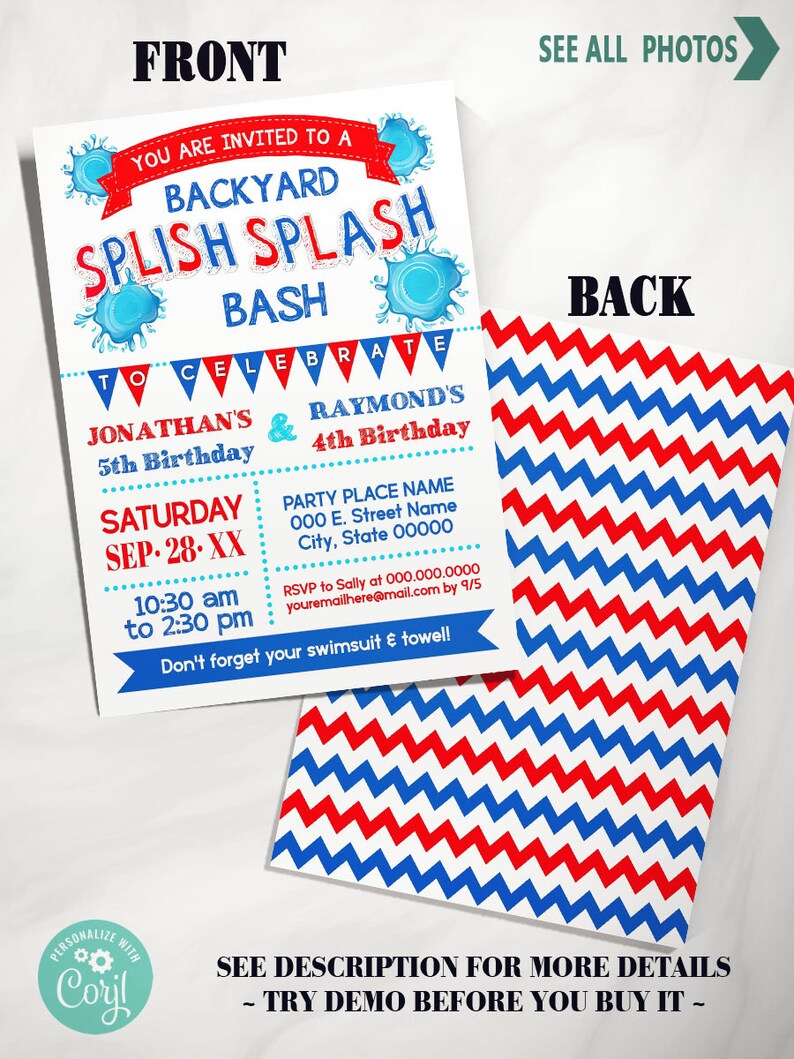 Splish Splash Summer Backyard Water Bash Invitation Combined | Etsy