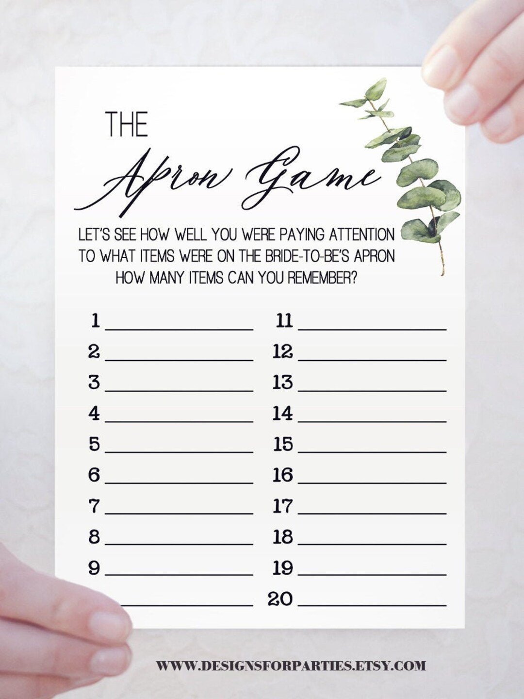 The Apron Game Bridal Shower Memory Guessing Game Eucalyptus Greenery ...