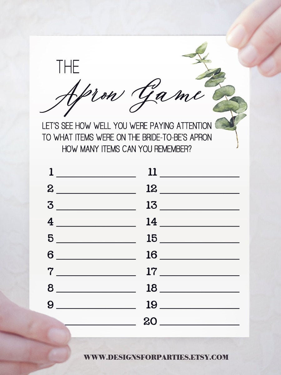 The Apron Game Bridal Shower Memory Guessing Game Eucalyptus Greenery ...