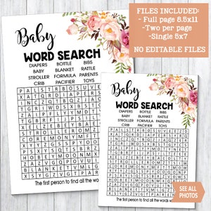 Pink Flowers Baby Word Search Game Baby Shower Game Pink Floral Boho ...