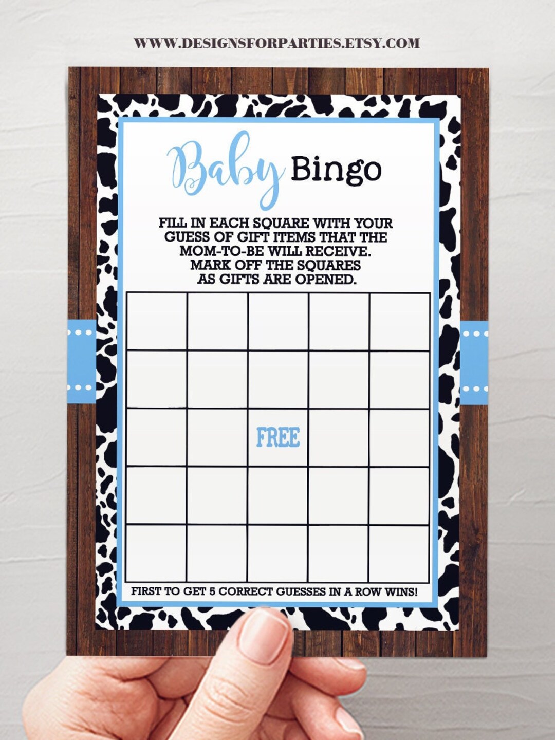 Cowboy Blue Cow Baby Shower Bingo Game, Guess Gift Baby Shower Game ...