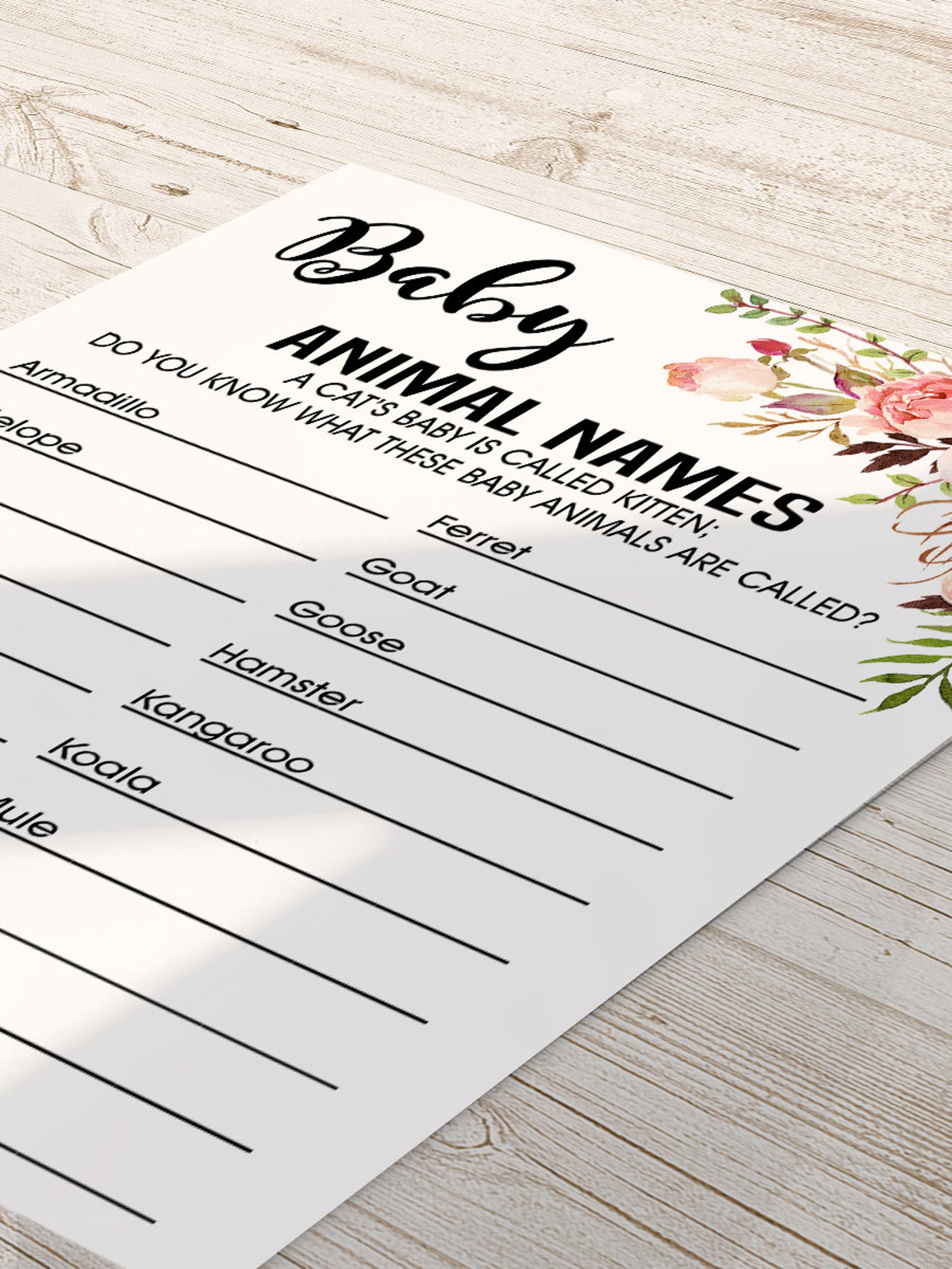 Pink Flowers Guess Baby Animals Name Baby Shower Game Pink Floral Boho ...