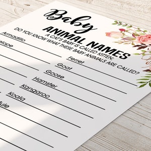 Pink Flowers Guess Baby Animals Name Baby Shower Game Pink Floral Boho ...