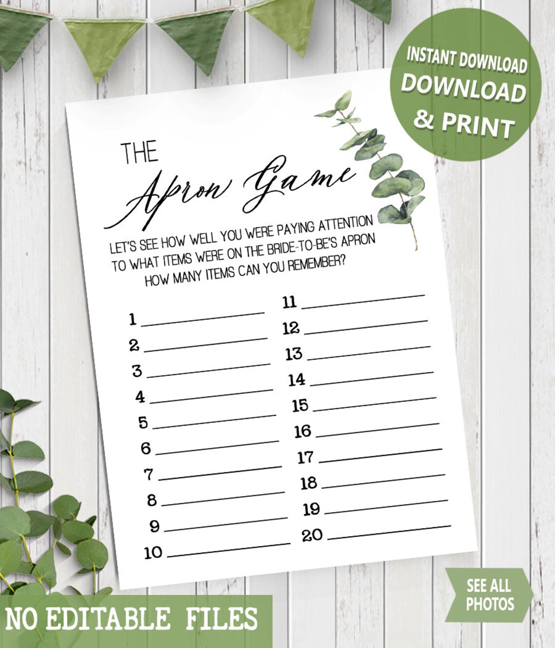 The Apron Game Bridal Shower Memory Guessing Game Eucalyptus - Etsy