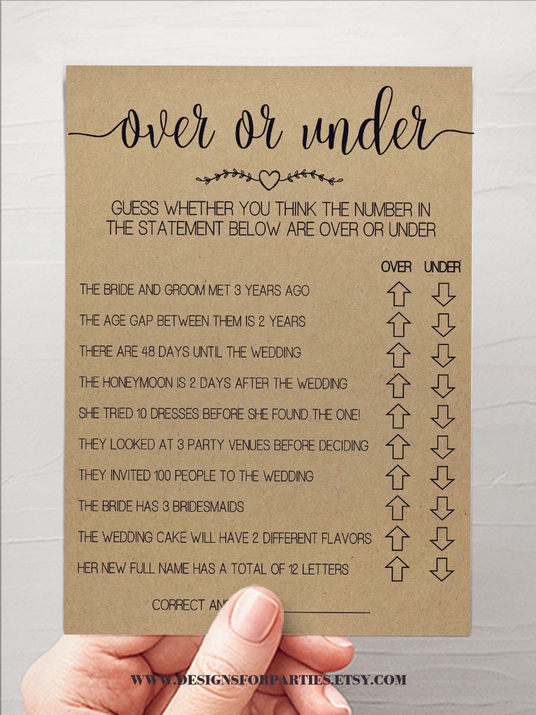 Over or Under Game Bridal Shower Activity Western Country Chic White ...