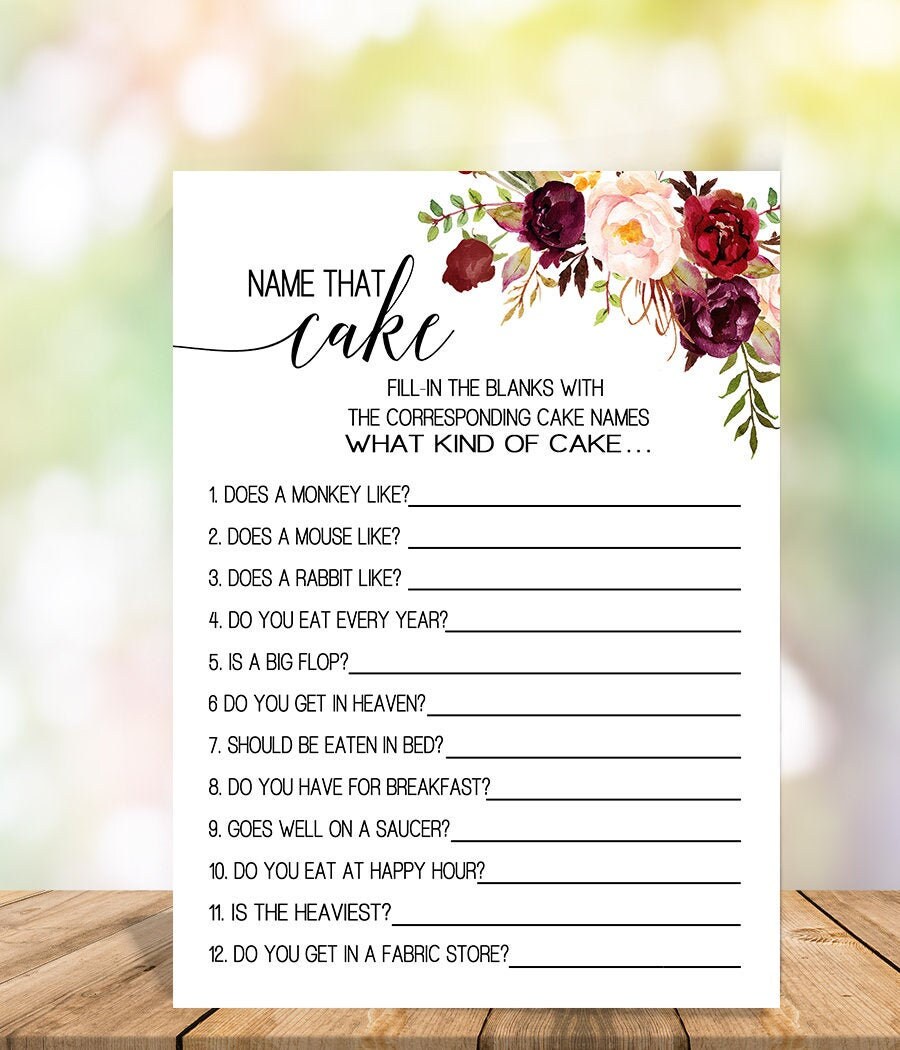 Name that Cake game bridal shower activity game marsala | Etsy