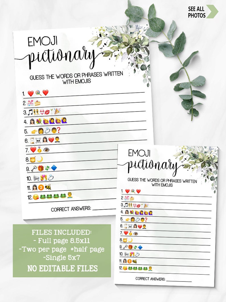 Greenery Eucalyptus Emoji Pictionary Bridal Shower Game (ready to Print ...