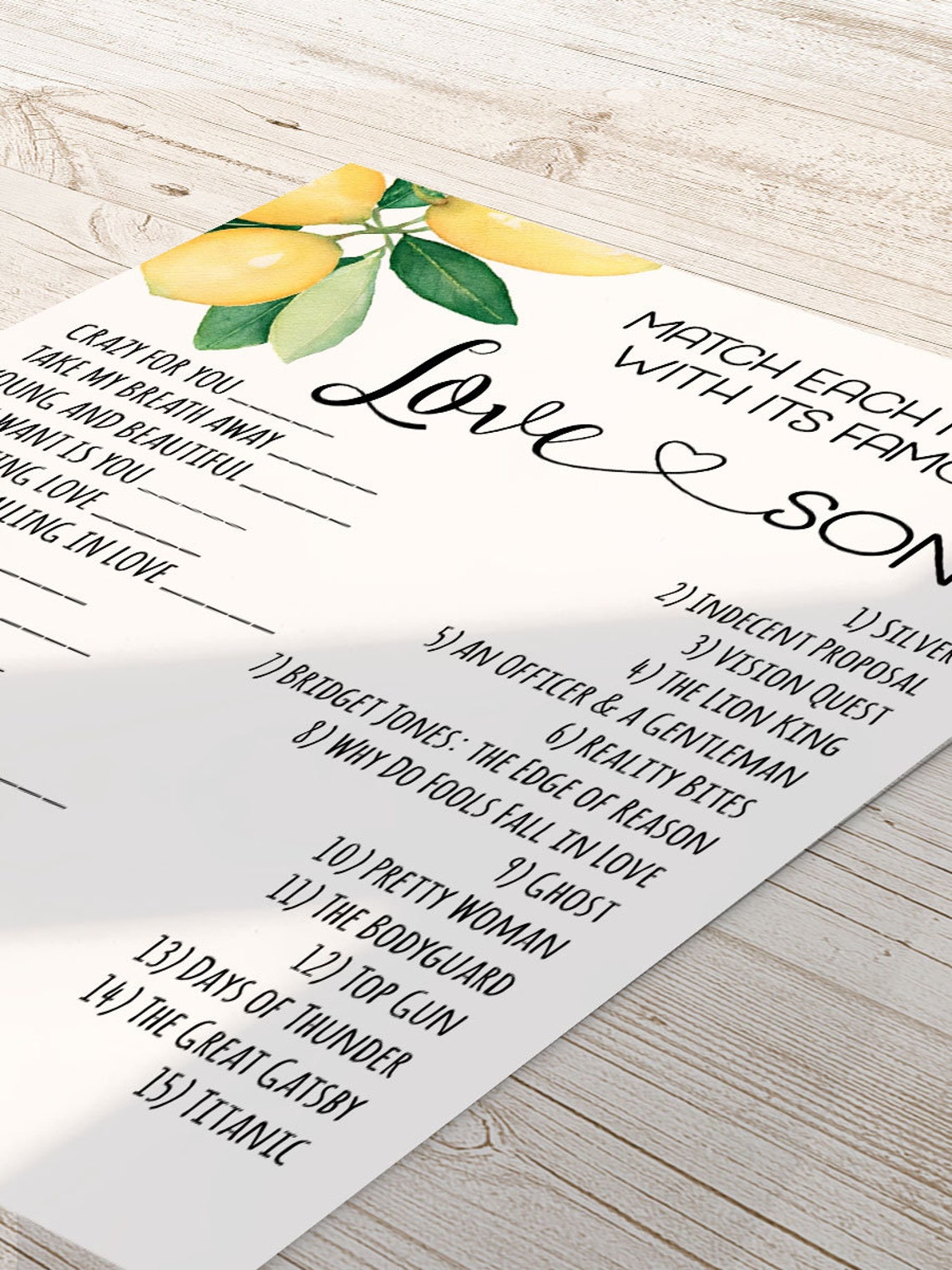 Match the Love Song Game Bridal Shower Activity Game Lemon | Etsy
