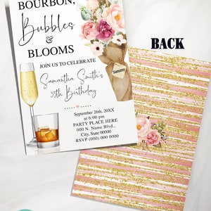 Bourbon Bubbles and Blooms Birthday Party Invitation Pink Floral Boho Chic Bourbon Bubbly ...