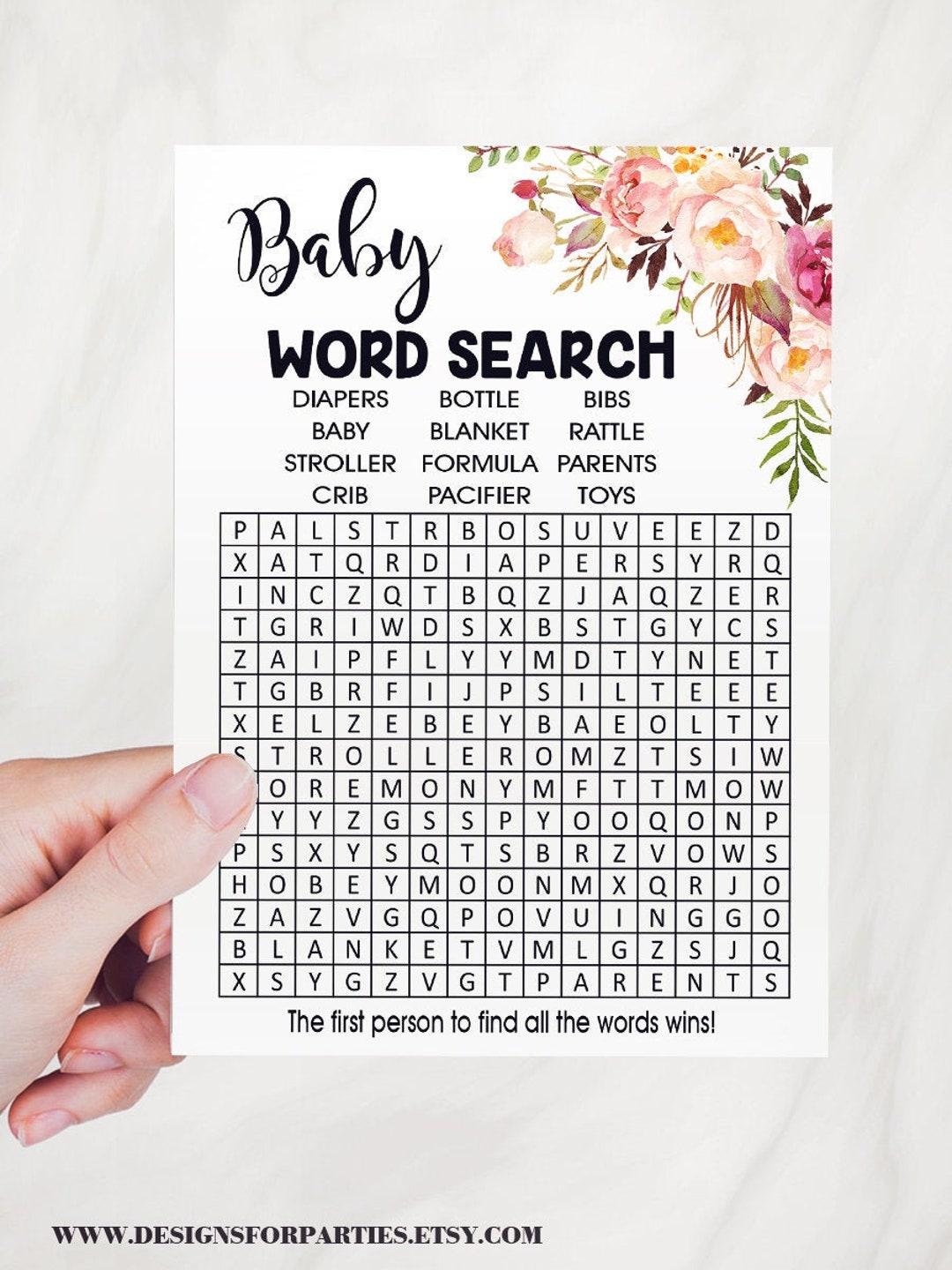 Pink Flowers Baby Word Search Game Baby Shower Game Pink Floral Boho ...