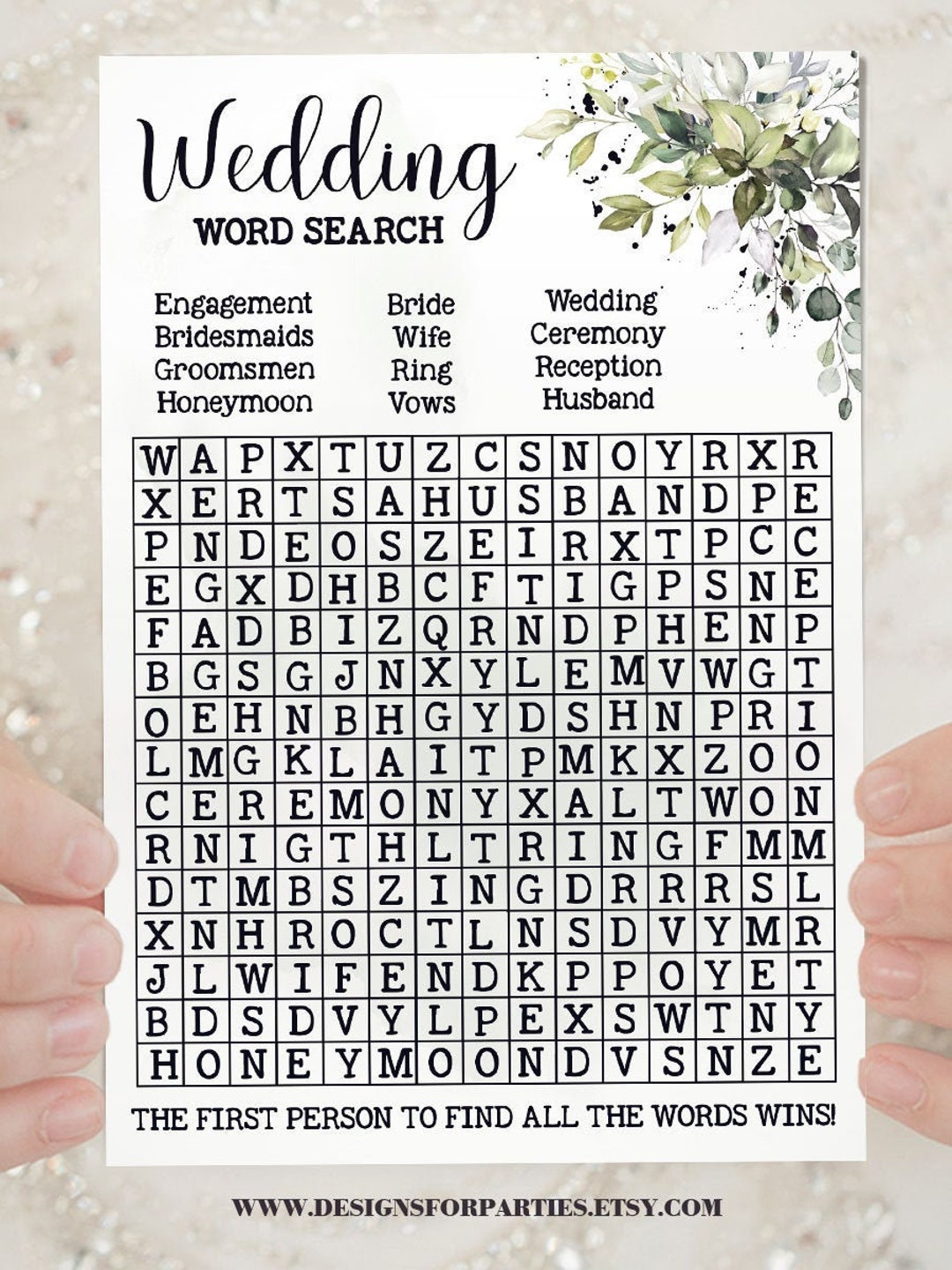 Wedding Word Search Game, Bridal Shower Game, Greenery, Eucalyptus ...