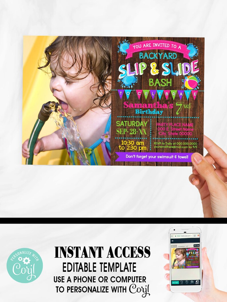 Slip and Slide Birthday Photo Invitation: Hot Pink Water Bash (edit ...
