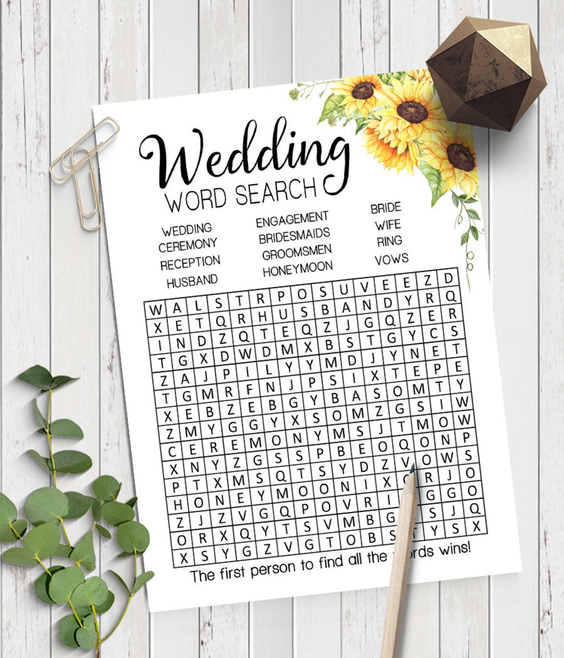 Wedding Word Search Game Bridal Shower Game Sunflowers Boho - Etsy
