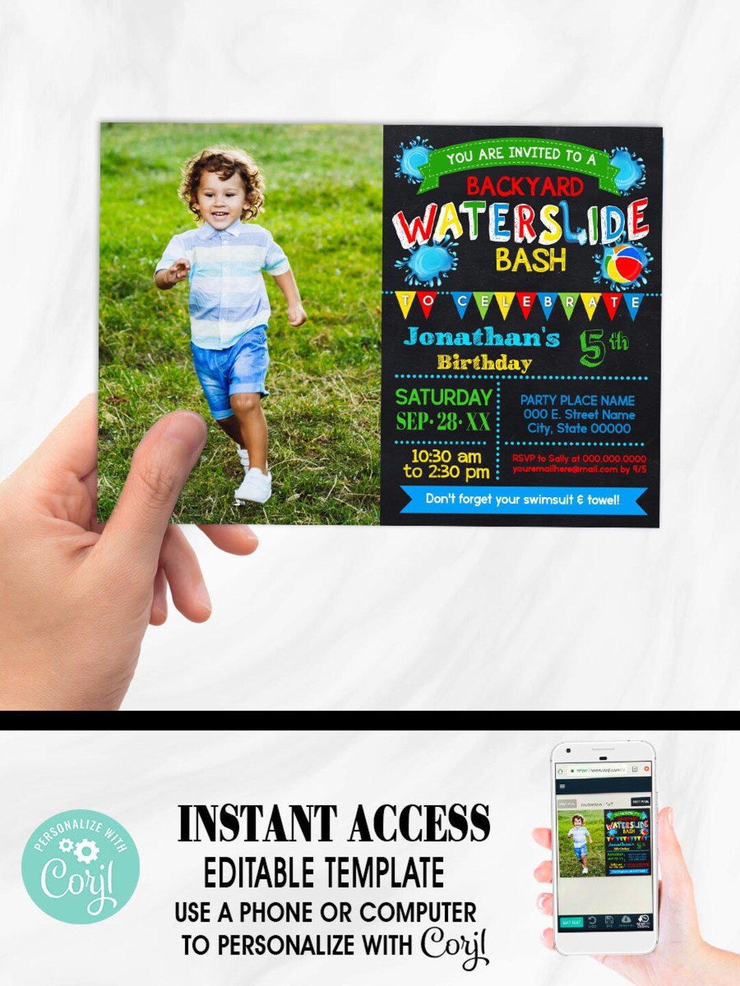 Waterslide Birthday Photo Invitation: Backyard Water Bash, Chalkboard ...