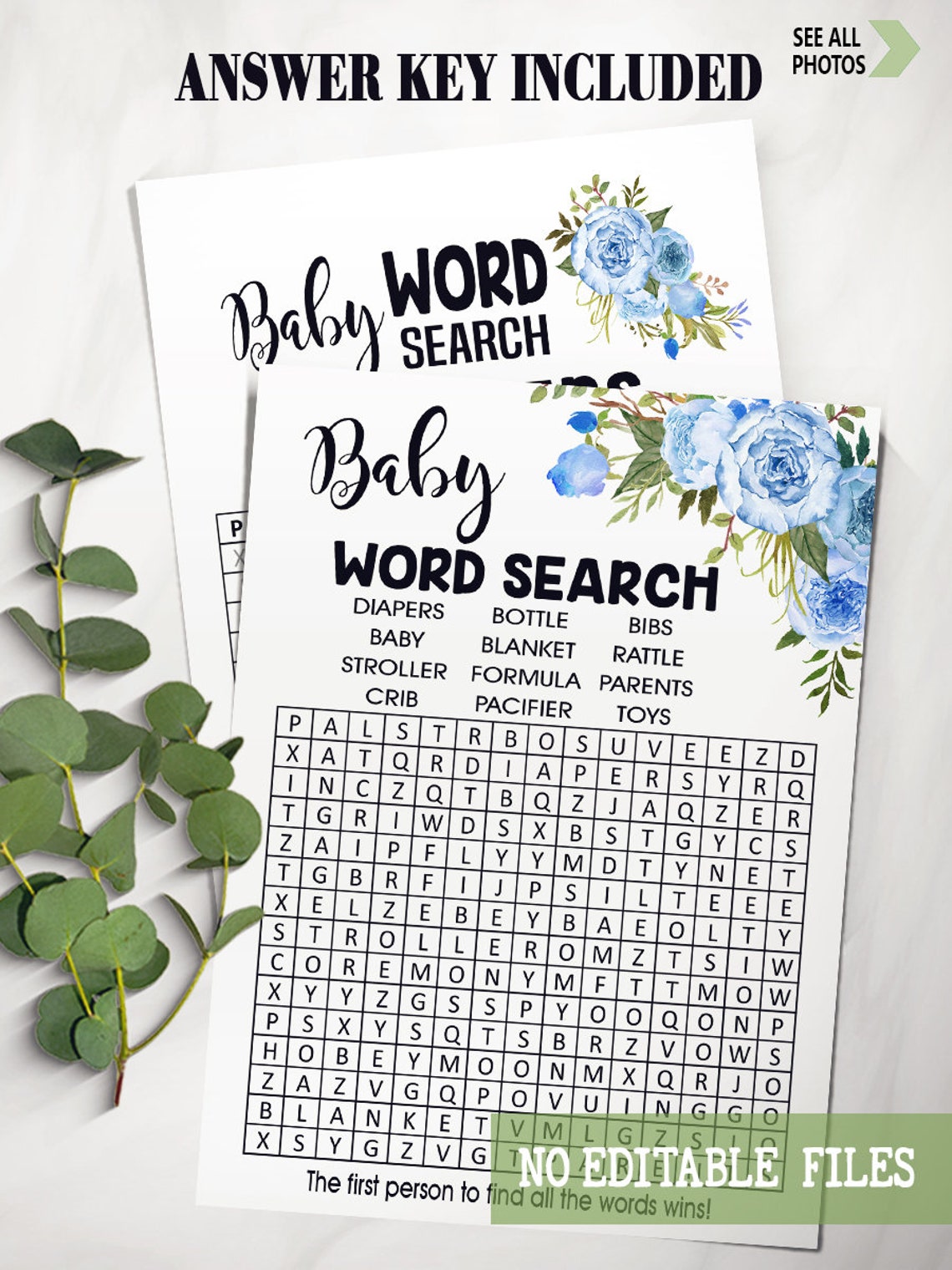 Blue Flowers Baby Word Search Game Baby Shower Game Blue - Etsy