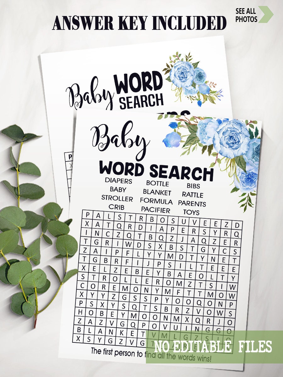 Blue Flowers Baby Word Search Game Baby Shower Game Blue - Etsy