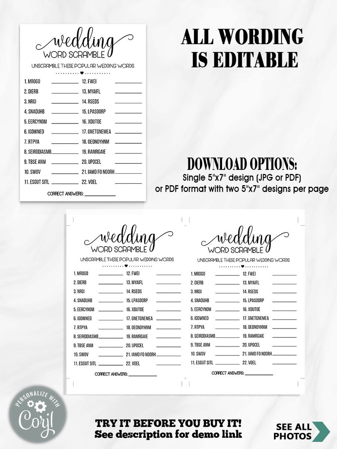 Wedding Word Scramble Game Bridal Shower Activity Game White Etsy