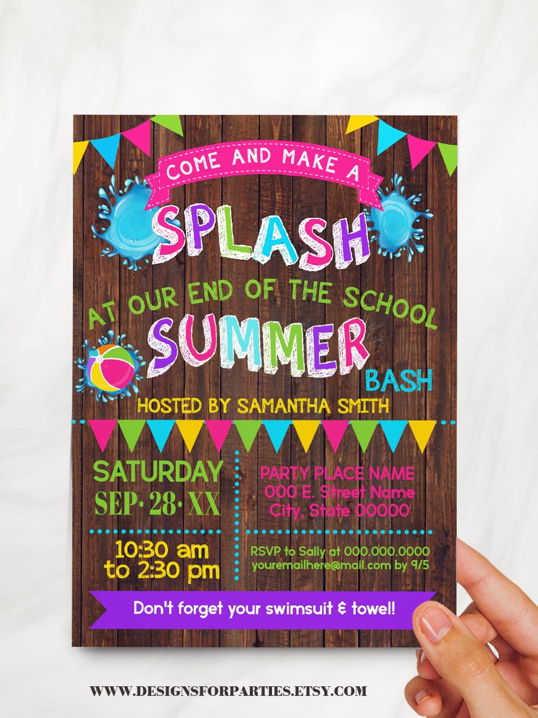 Come Make a Splash End of School Summer Bash Invitation Children Summer ...