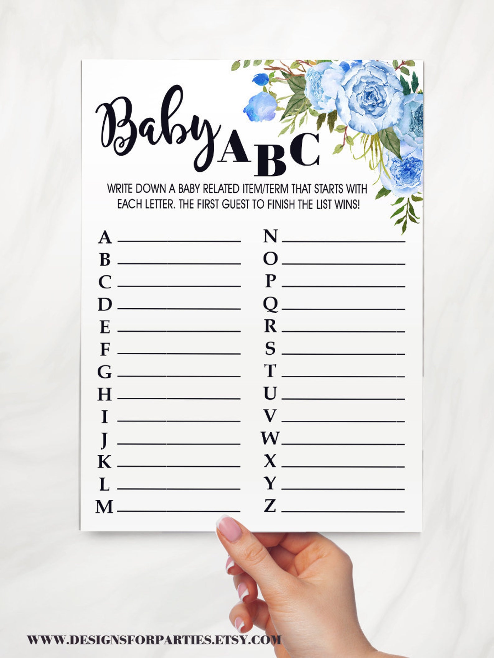 ABC Baby Shower Game Guess ABC Baby Words Blue Flowers - Etsy