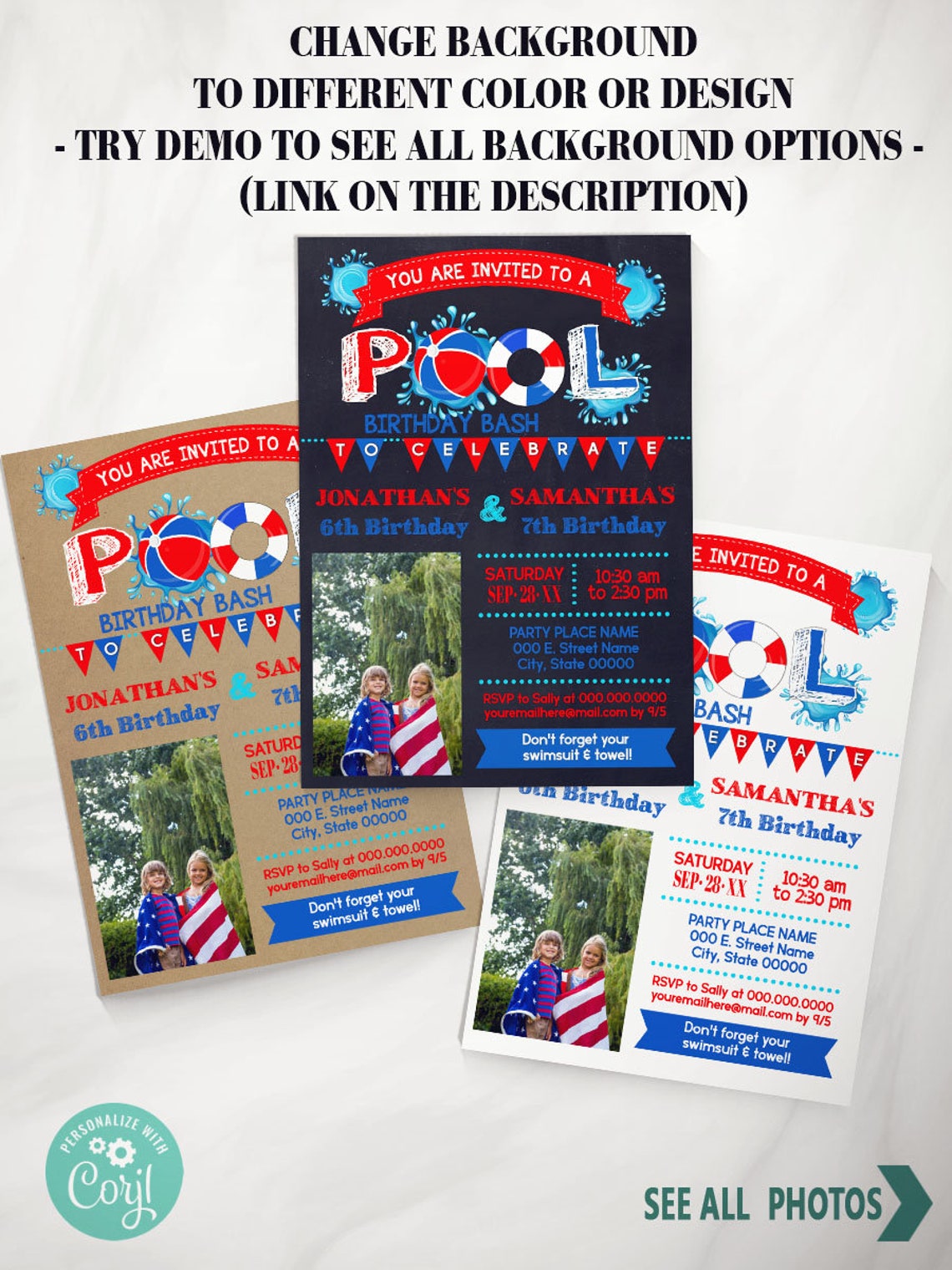 Pool Summer Backyard Water Bash Invitation Combined Siblings - Etsy