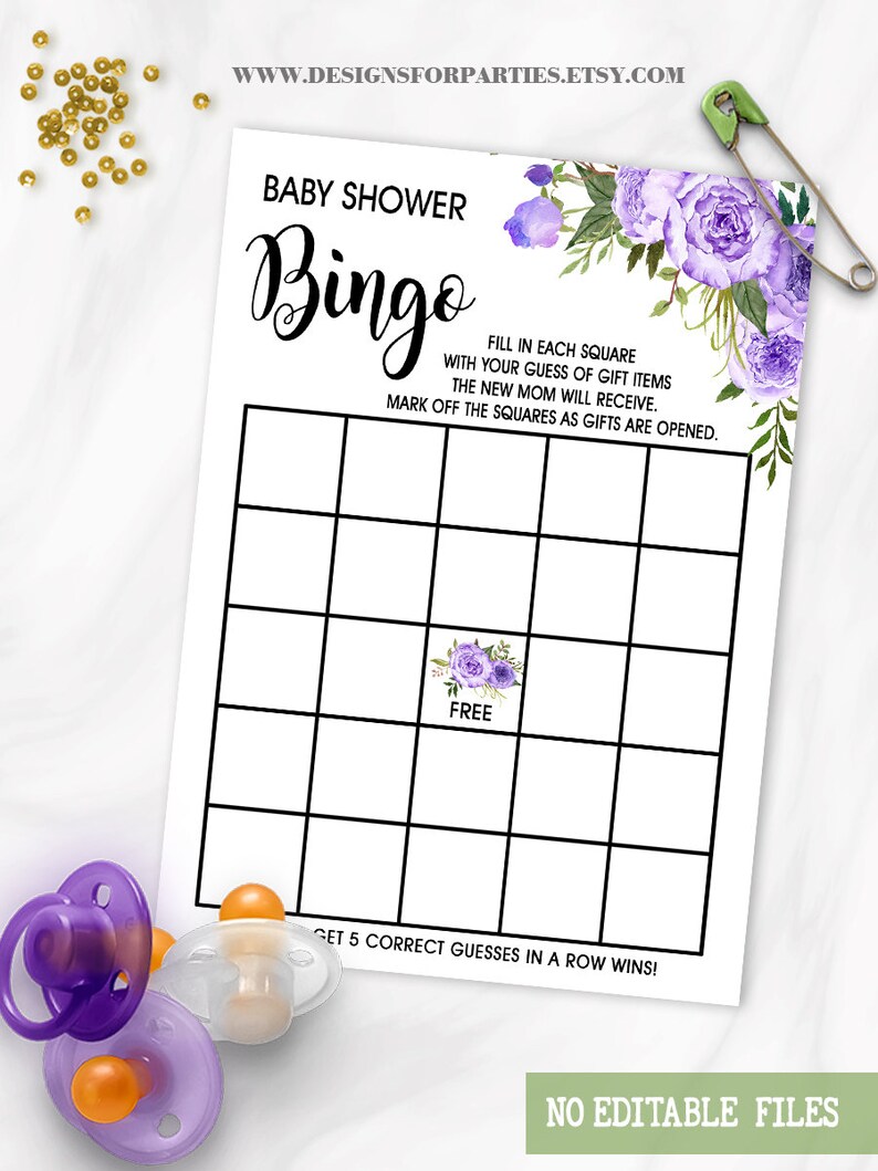 Baby Shower Bingo Purple Floral Bingo Baby Shower Game Purple | Etsy