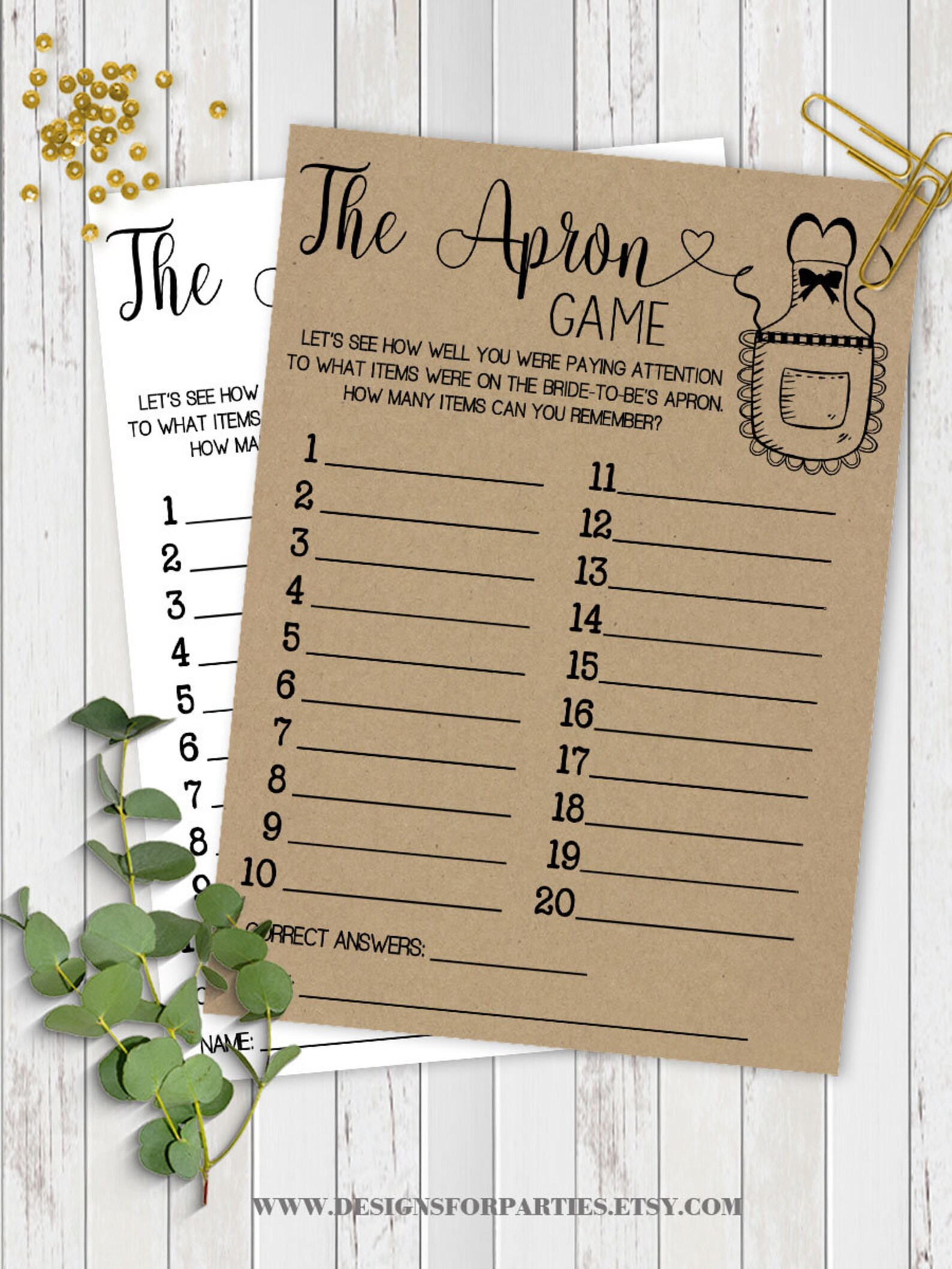 The Apron Game Bridal Shower Memory Game Rustic Country Chic Etsy