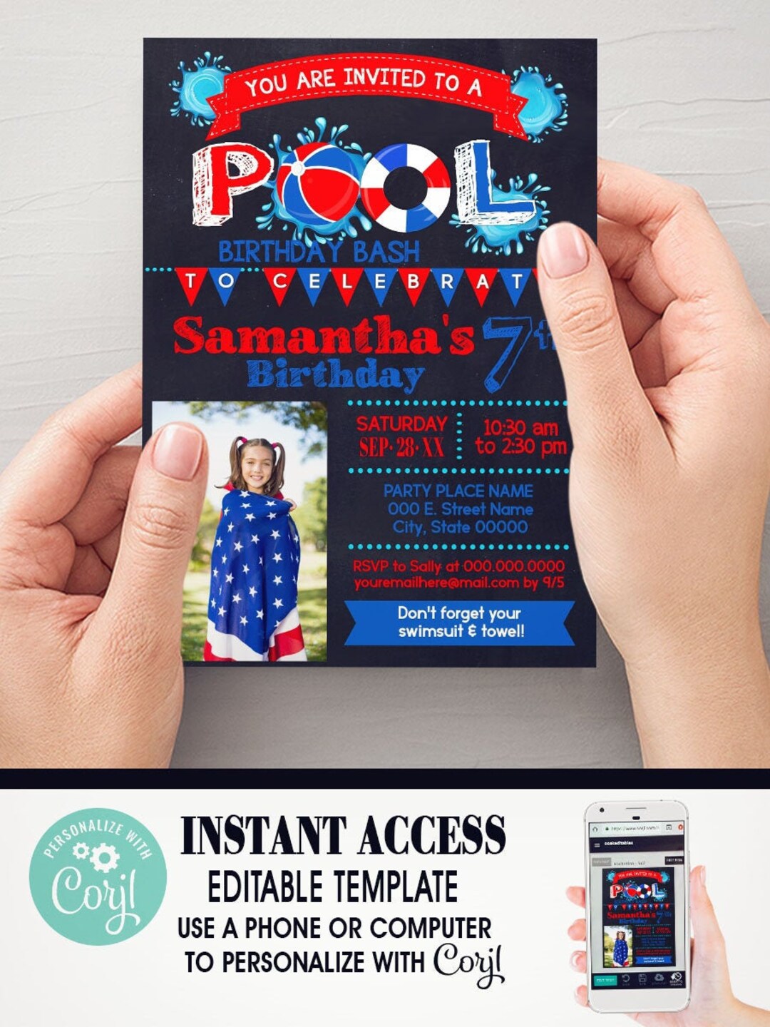 Pool Summer Backyard Bash Invitation Water Bash Chalkboard Red White ...