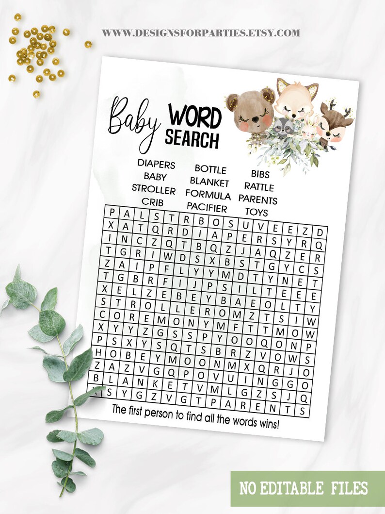 Forest Animals Baby Word Search Game Baby Shower Game Greenery | Etsy