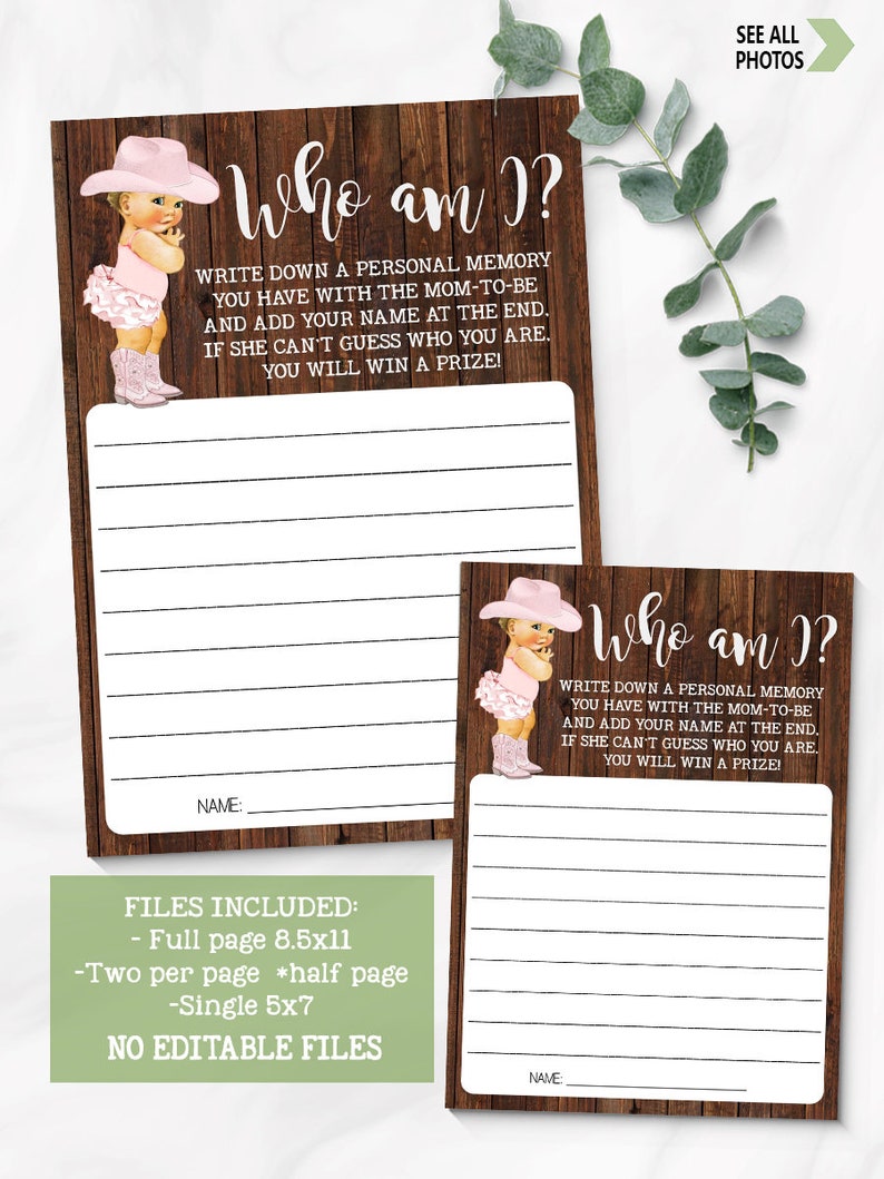 Cowgirl Who Am I Game Baby Shower Game Guess Who I Am Country Western ...