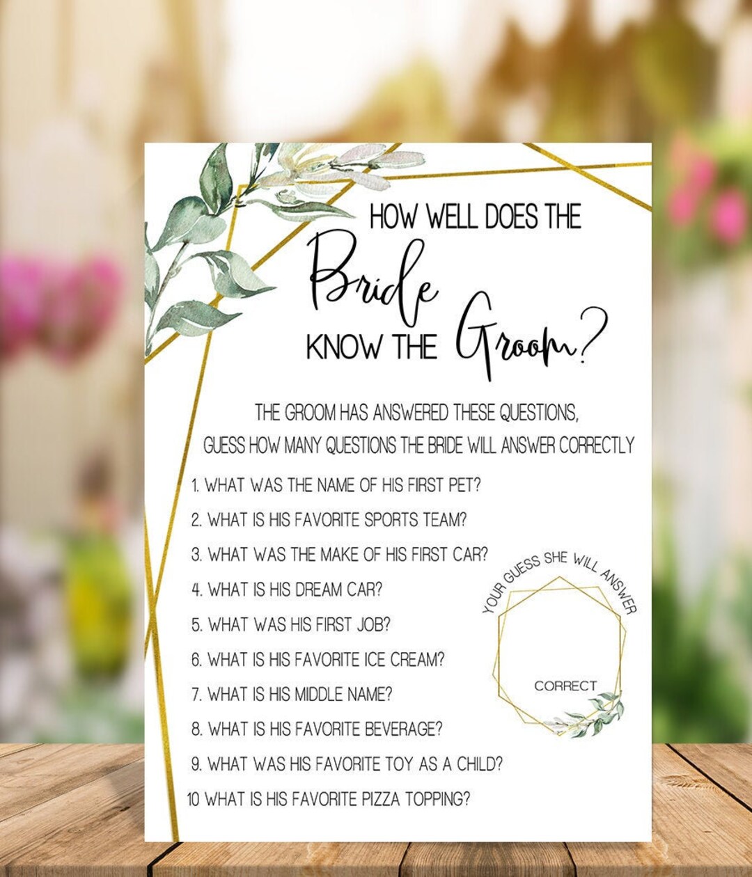 Greenery Gold Geometric Bride and Groom Shower Game (ready to Print) 11 ...
