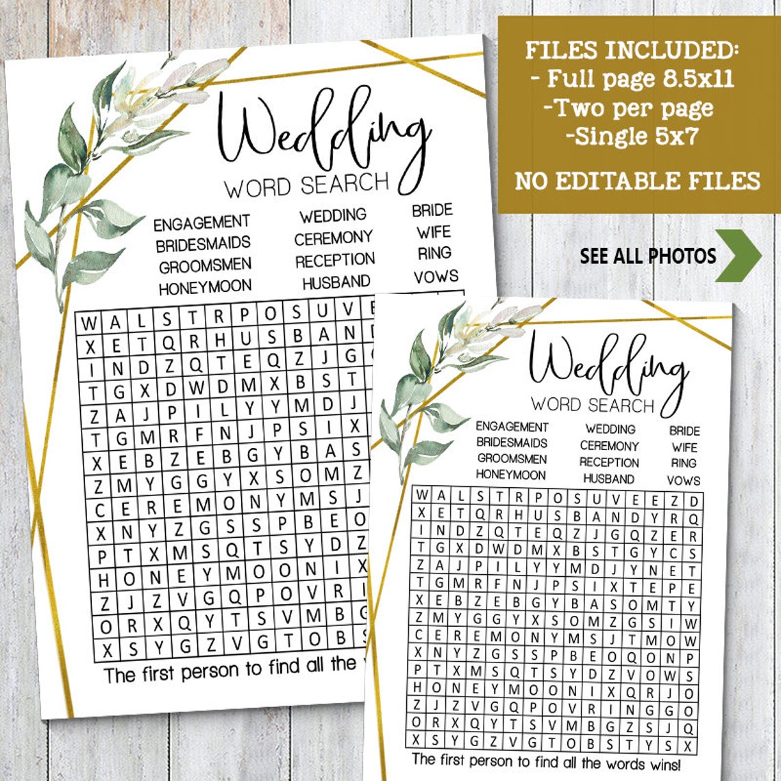 Wedding word search game bridal shower game greenery gold | Etsy