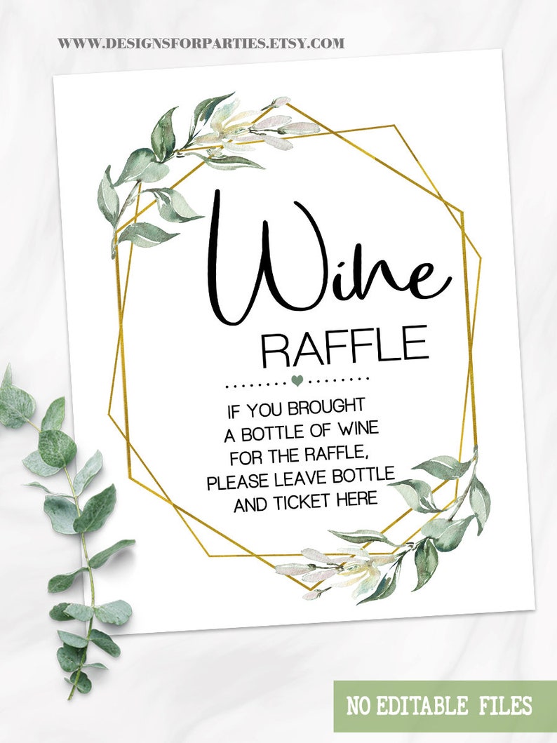 Wine Raffle Tickets & Sign Bridal Shower Stock the Bar Greenery Gold ...