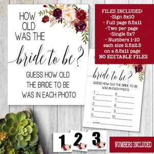 How Old Were Was Bride Game Guess Her Age Bridal Shower Activity Game ...
