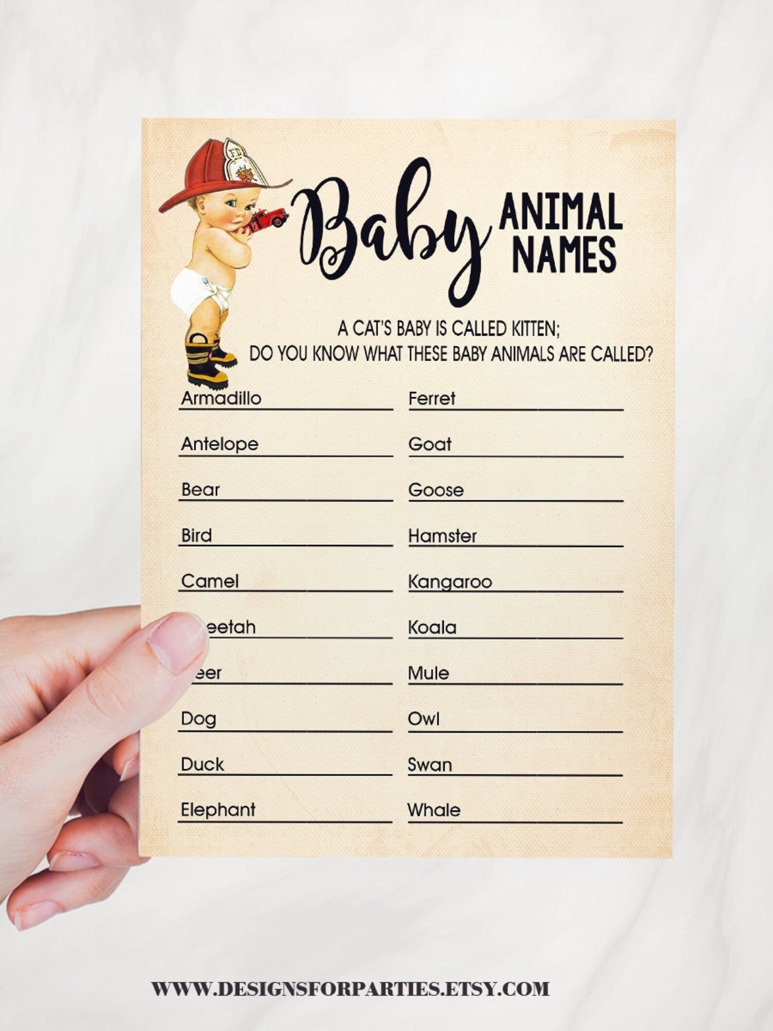 Fireman Guess Baby Animals Name Baby Shower Game Firetruck Shower ...