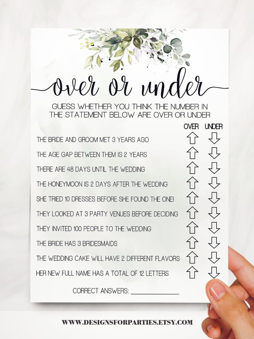 Over Or Under Game Bridal Shower Activity Editable Game Greenery