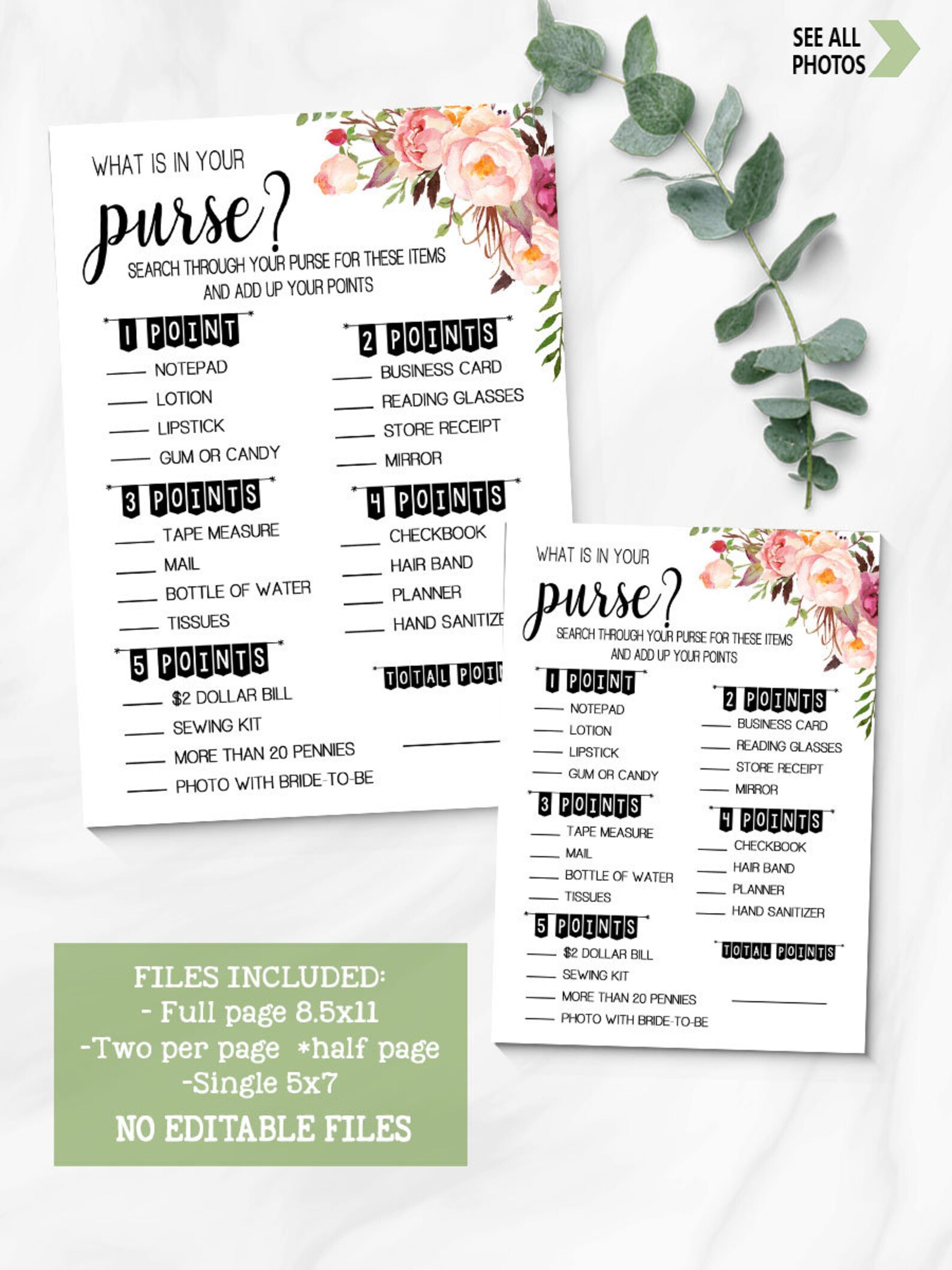 What is in Your Purse Bridal Shower Game Pink Flowers Boho - Etsy