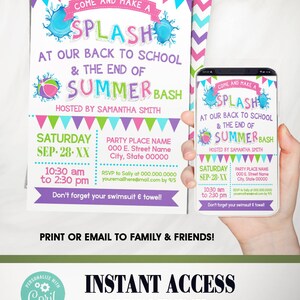 Pink Come Make a Splash Back to School & End of Summer Bash Invitation ...